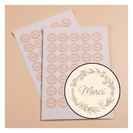 140 étiquettes Merci couronne de fleurs autocollantes en planche ...