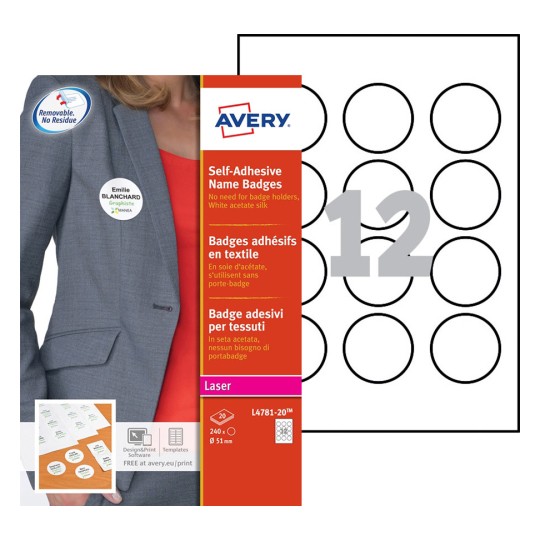 240 badges ronds autocollants imprimables pour textile | L4781-20 | Avery